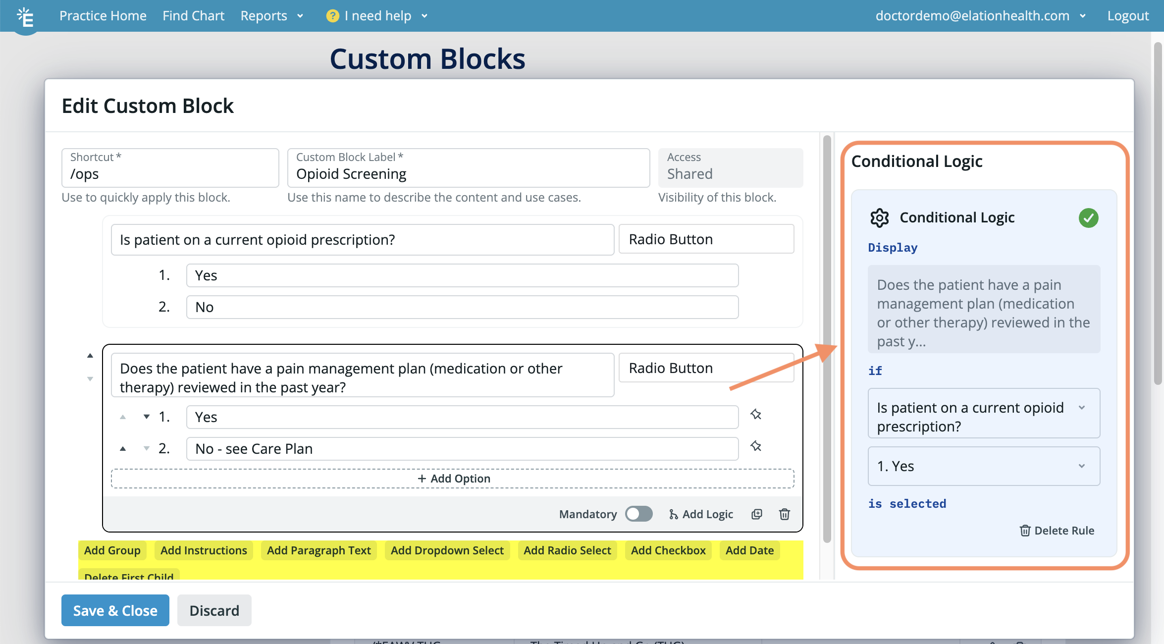 Elation Note Guide - Managing custom blocks